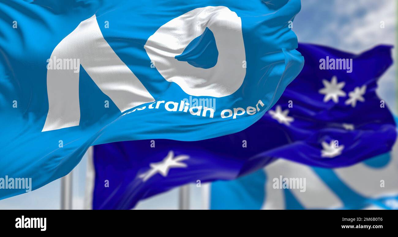 Melbourne, AU, Dec 2022: Australian Open and Australian flags waving ...