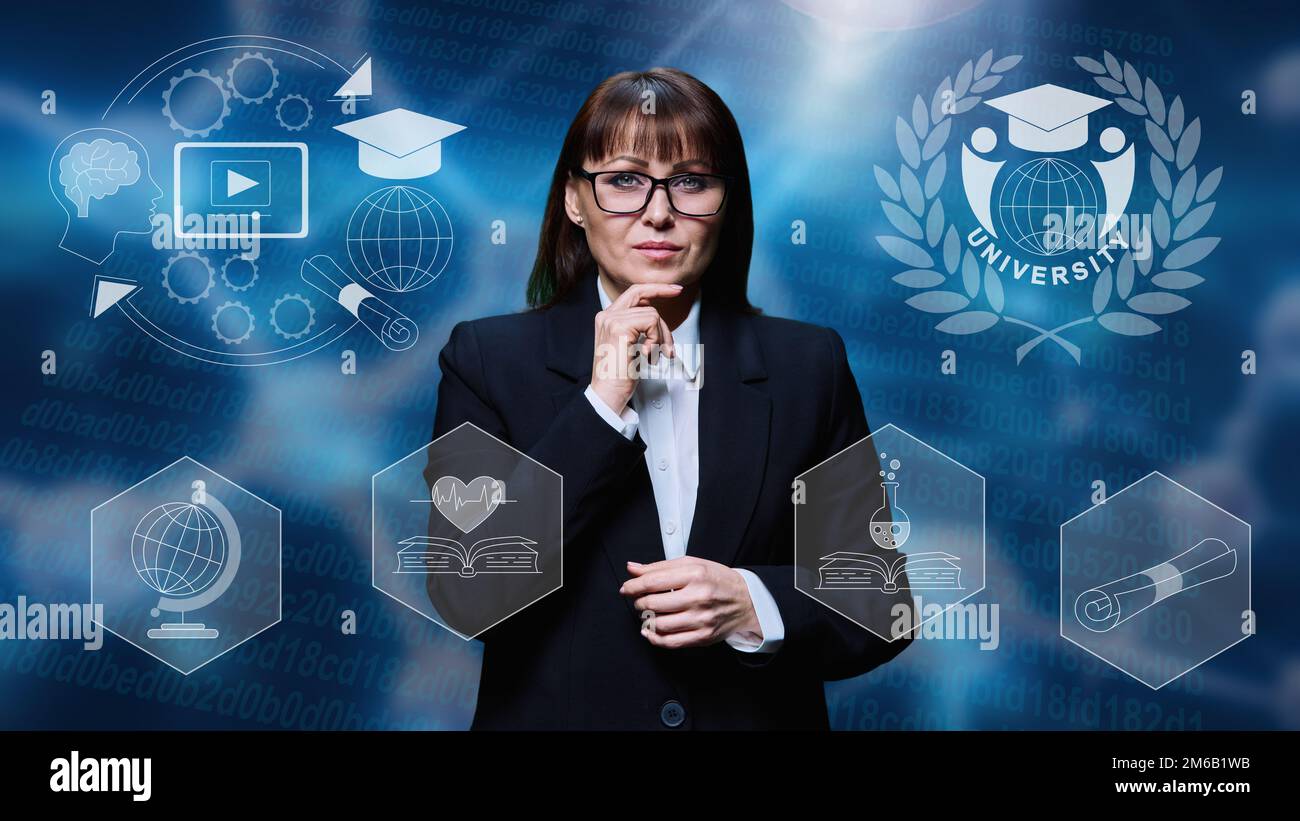 Portrait of female university teacher, encouraging to study Stock Photo ...