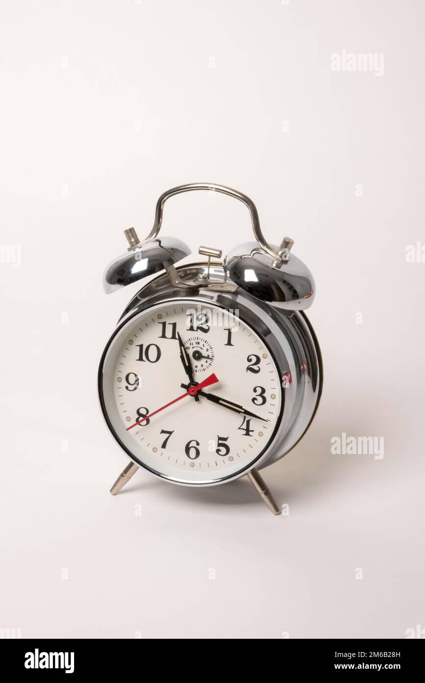 Metal alarm clock with mechanical clockwork and bell mechanism Stock ...
