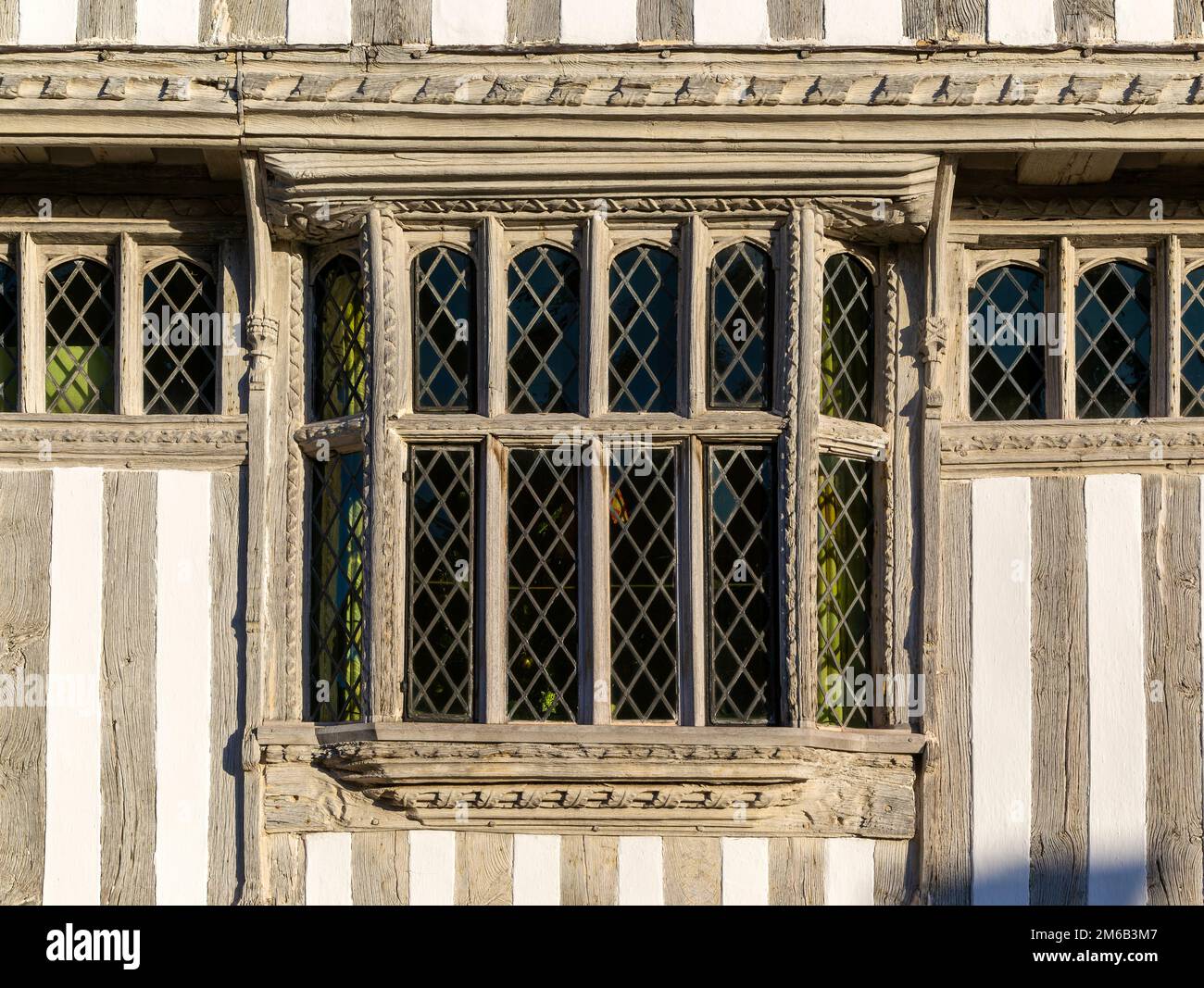 Detail of medieval window and woodwork, Guildhall, Lavenham, Suffolk ...
