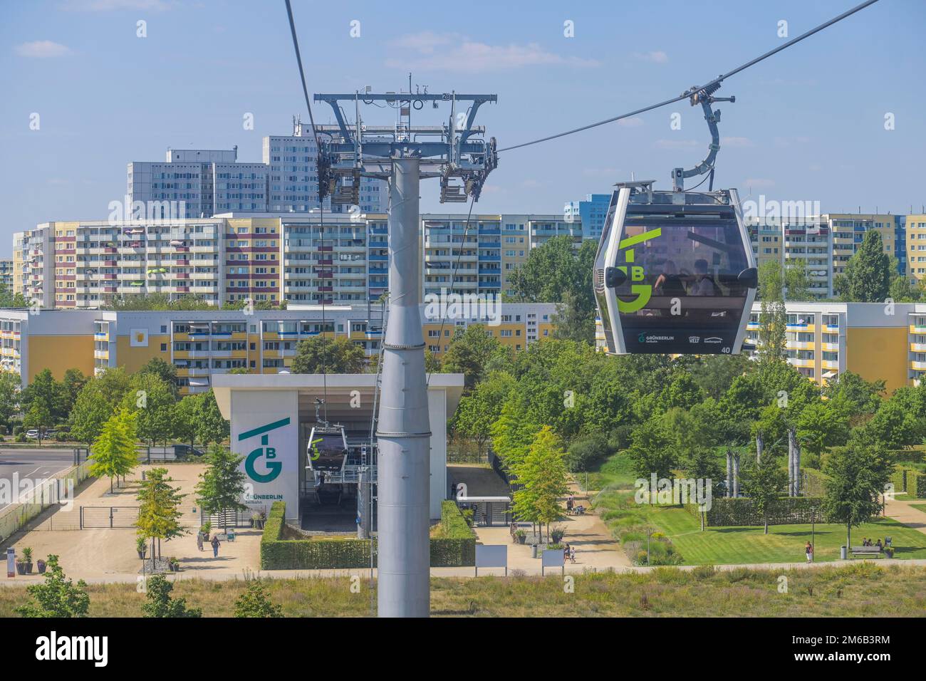 Cable car, Gardens of the World, high-rise buildings, housing estate ...