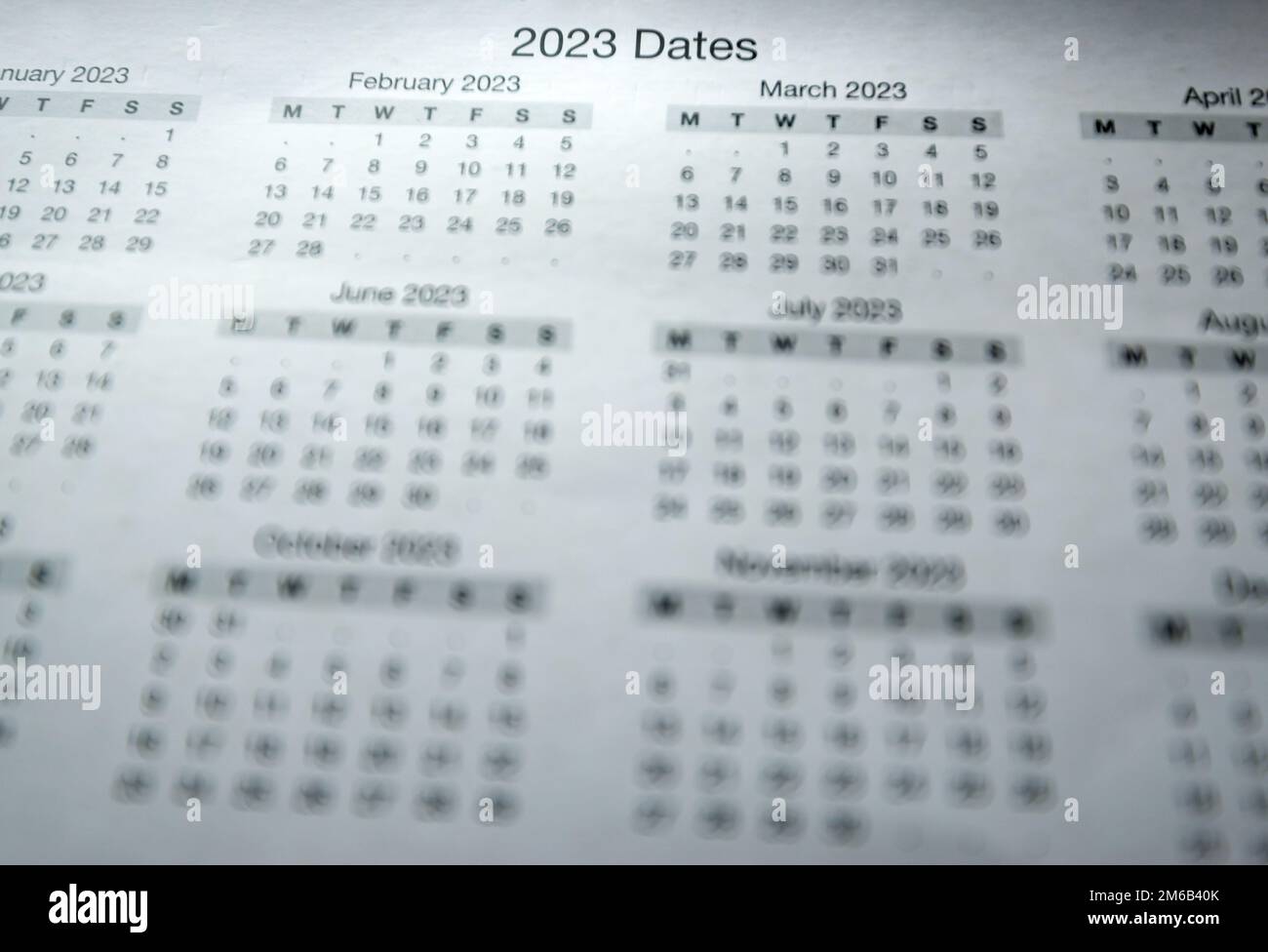 Calendar 2023, monthly planner close up for wall or desk. Showing dates ...