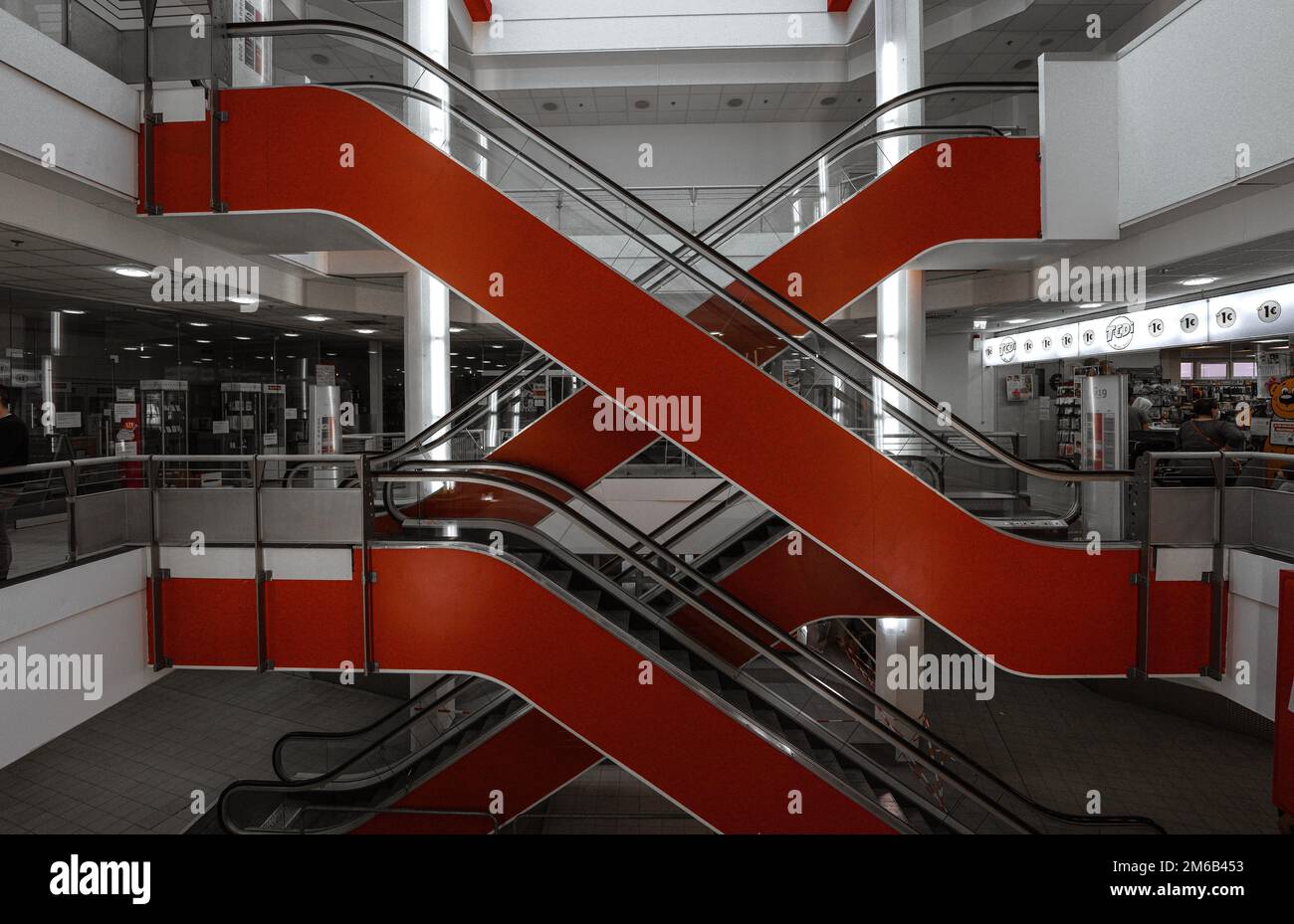 Red escalators in City Shopping Centre, Pforzheim, Germany Stock Photo ...