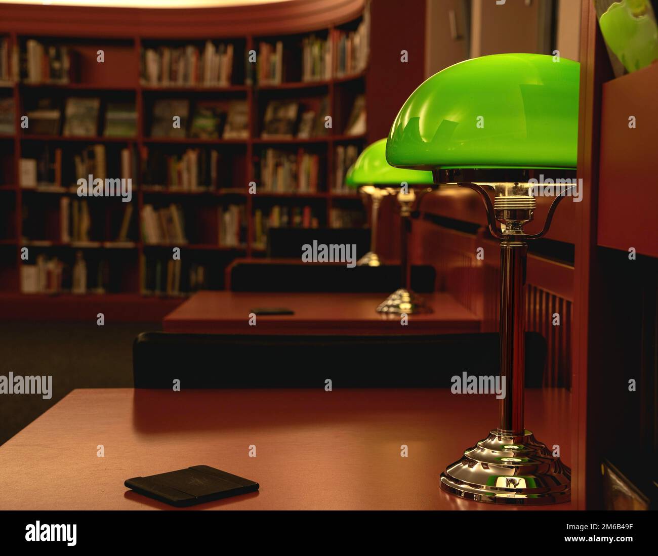 Historic green reading lamp in the city library, Pforzheim, Germany ...