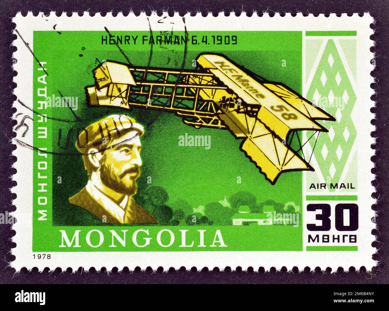 Cancelled postage stamp printed by Mongolia, that shows Henry Farman ...