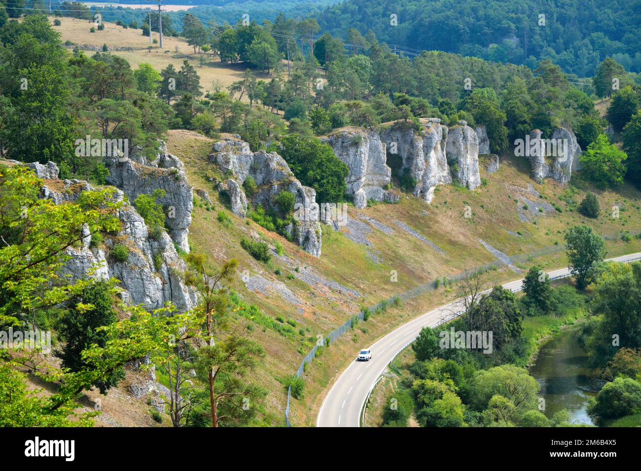 Jurassic dry slope with the rock group Zwoelf Apostel, Altmuehltal ...