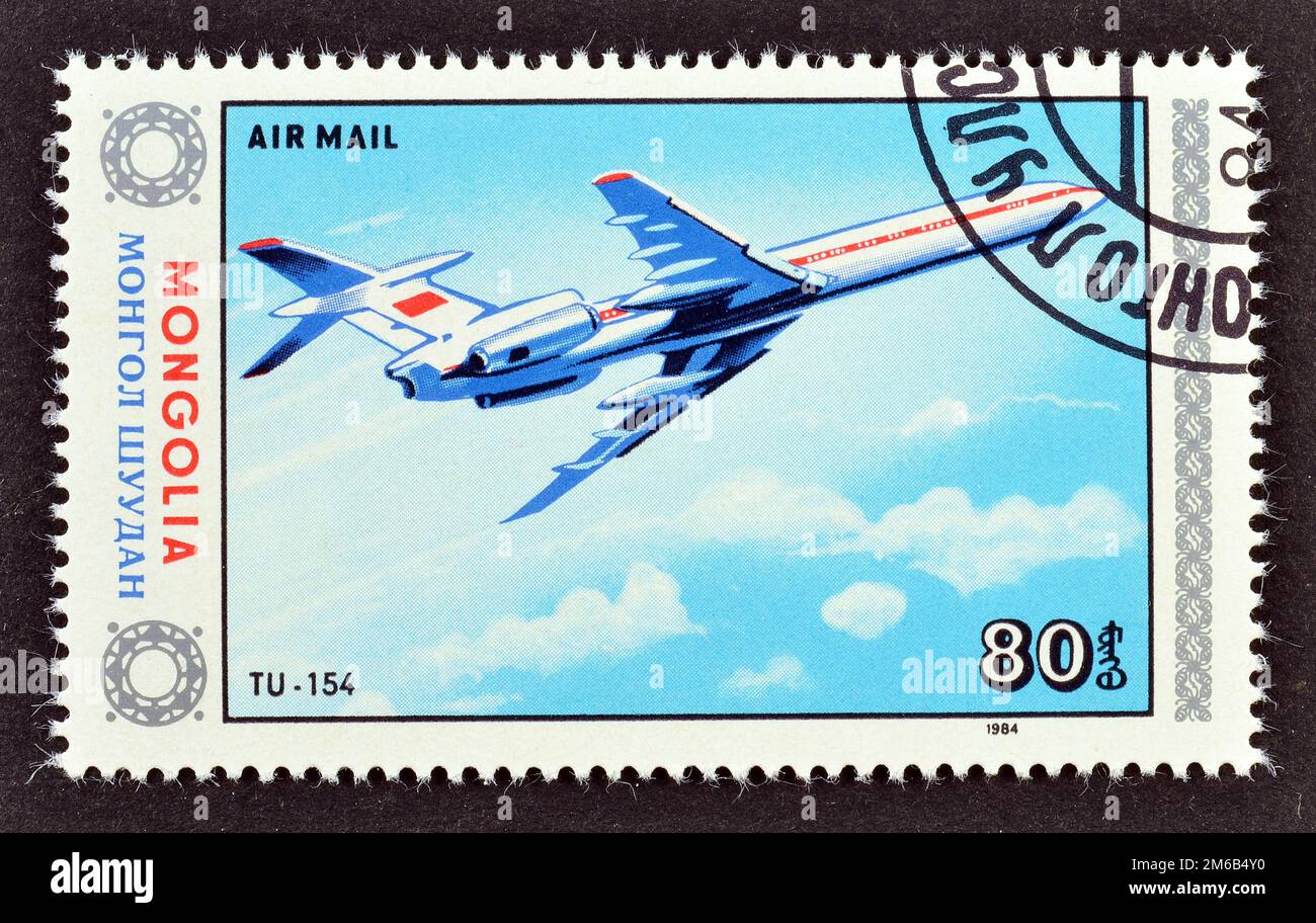 Cancelled postage stamp printed by Mongolia, that shows Passenger Plane ...