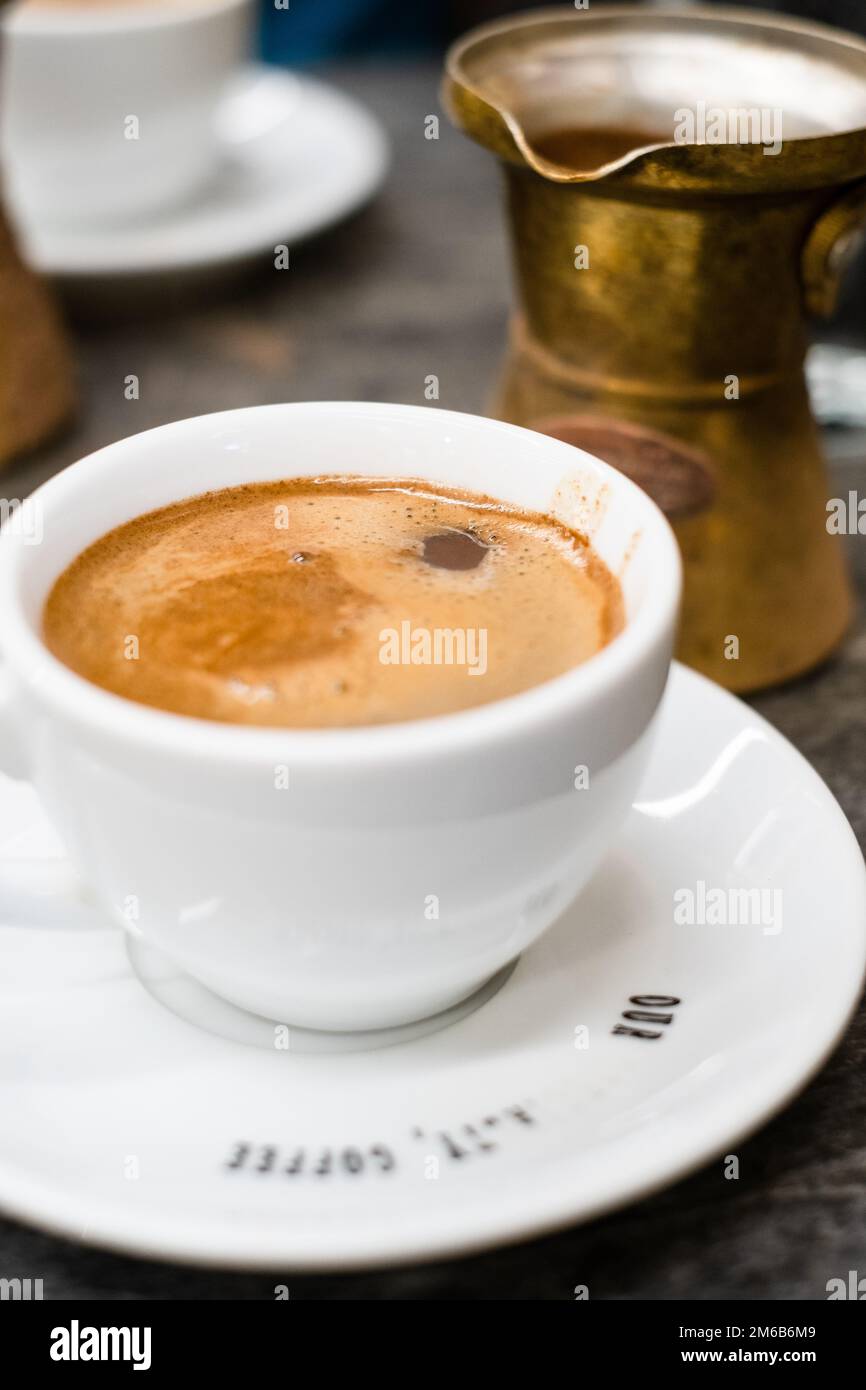 Traditional Greek Coffee, Ellinikos Kafes, Athens, Greece. A cup and ...