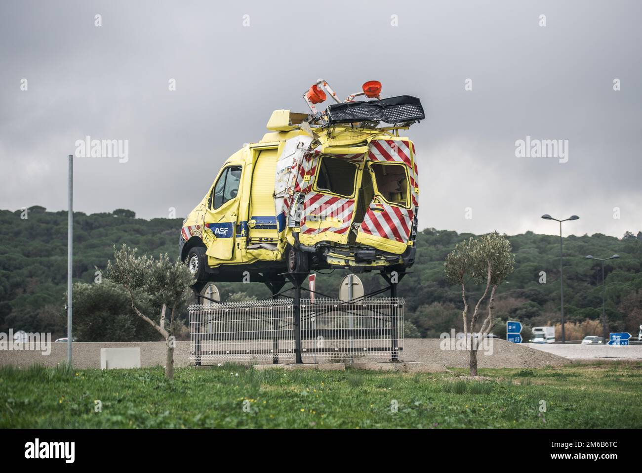 France: crashed highway maintenance van exposed in a rest area Stock ...