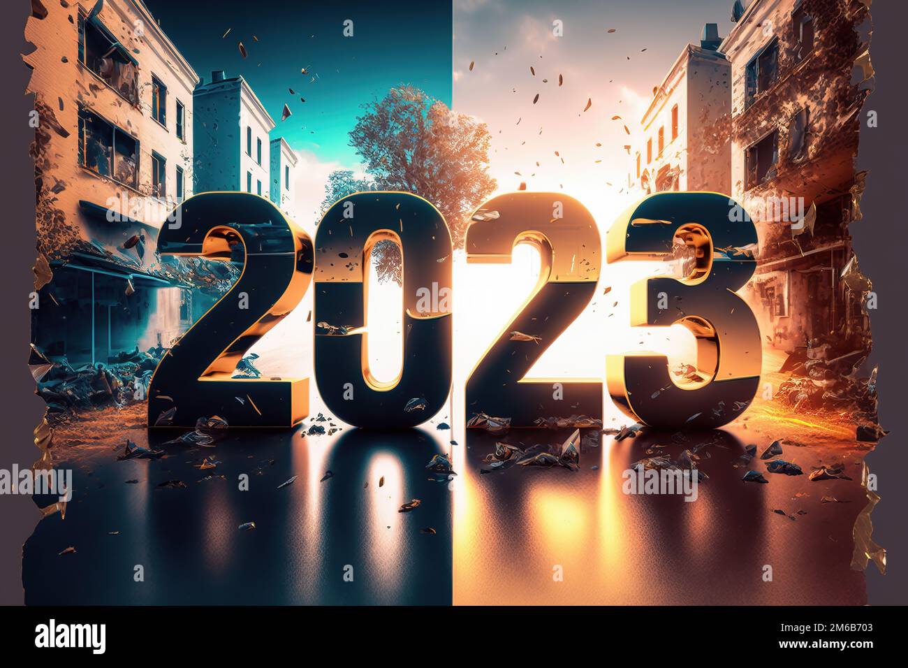 the numbers 2023 on a street with destroyed buildings, ai generated ...