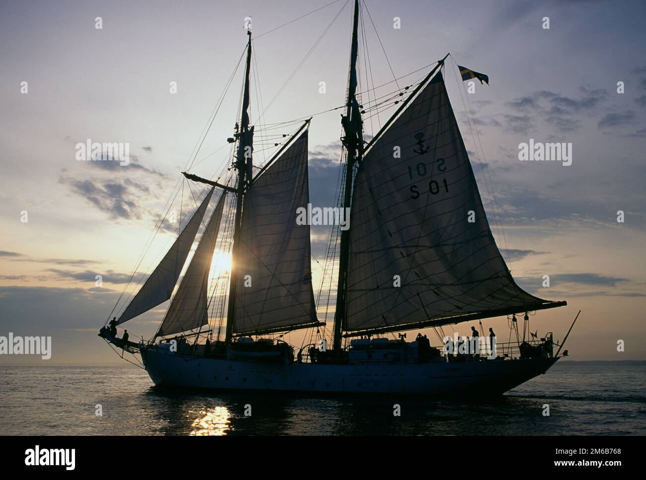 Swedish Navy schooner Gladan, sunset in the Solent, 1990 Stock Photo ...