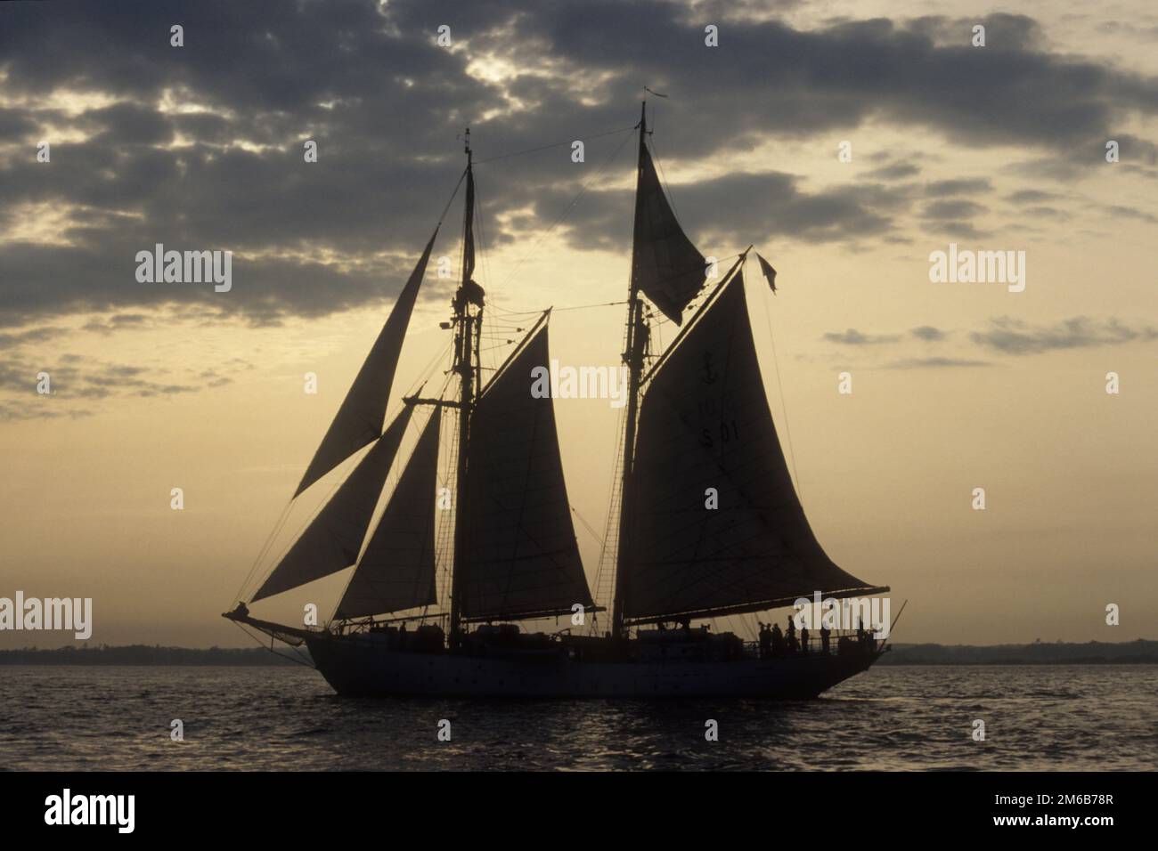 Swedish Navy schooner Gladan, sunset in the Solent, 1990 Stock Photo ...