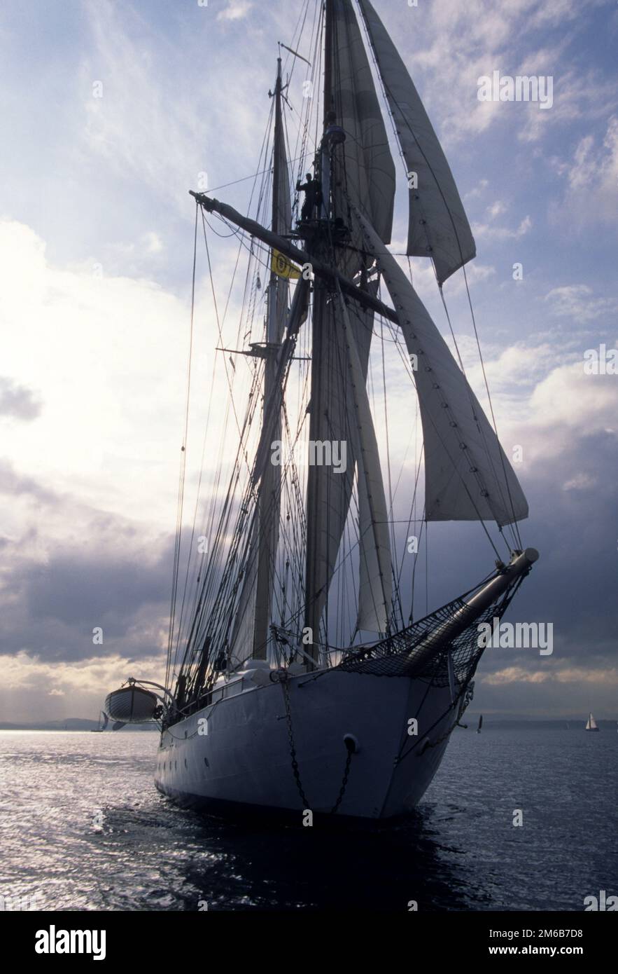Swedish Navy schooner Gladan, sunset in the Solent, 1990 Stock Photo ...