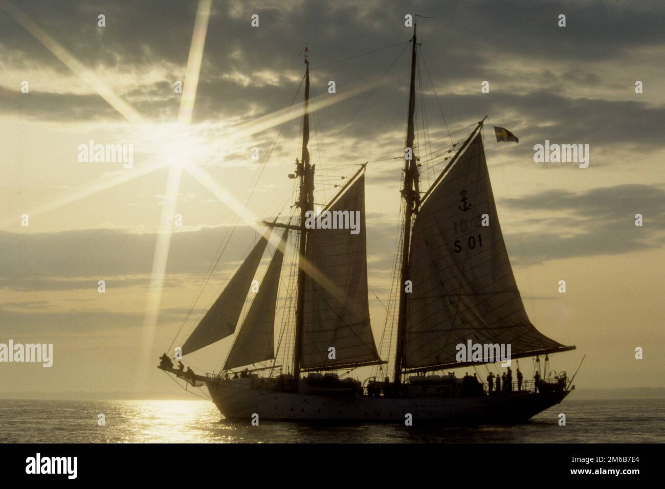 Swedish Navy schooner Gladan, sunset in the Solent, 1990 Stock Photo ...