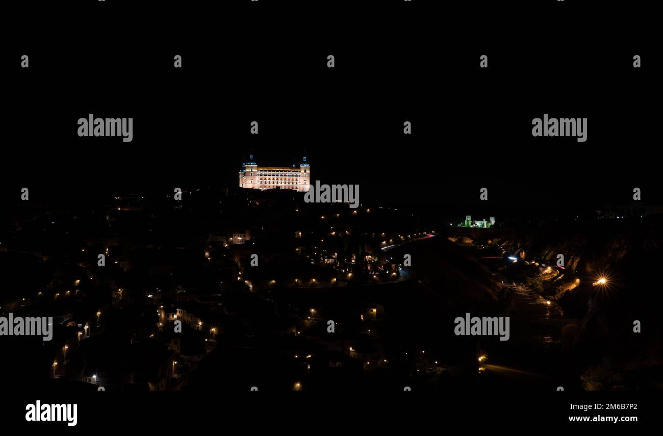 Dark night and illuminated Toledo alcazar on top Stock Photo - Alamy