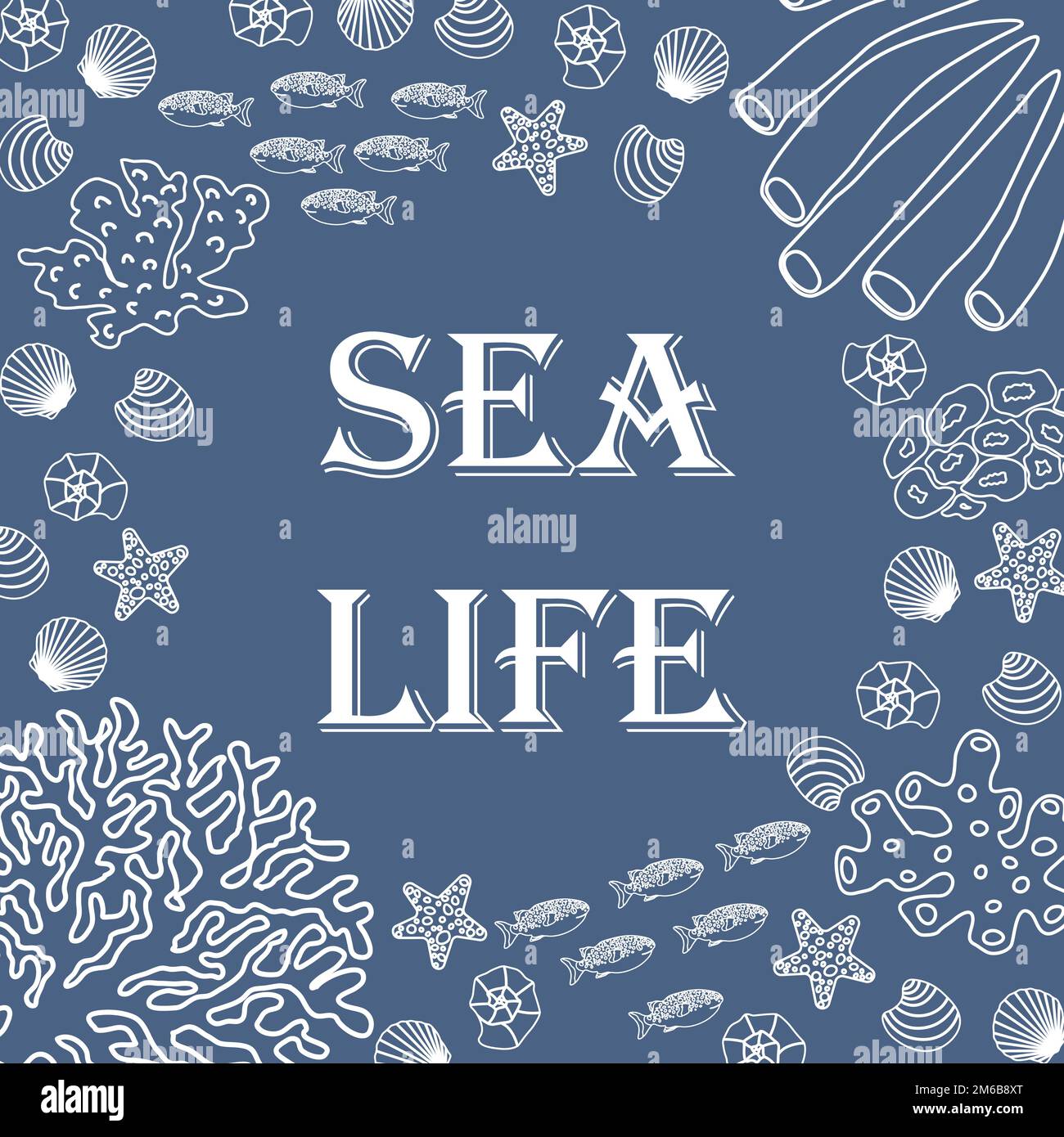 Vector ocean illustration with fish, shells, corals, algae. Sea life ...