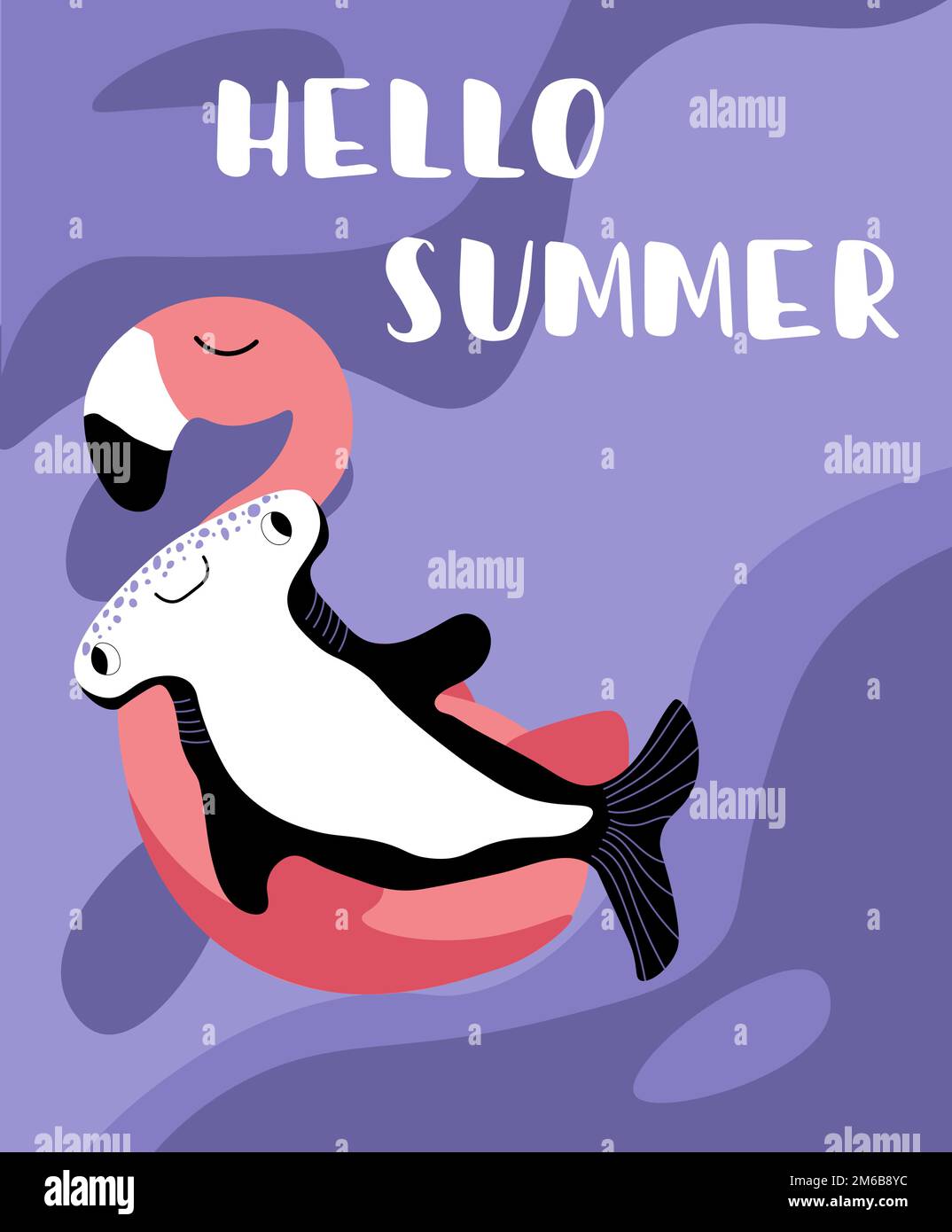 Vector ocean illustration with hammerhead fish on an inflatable ...