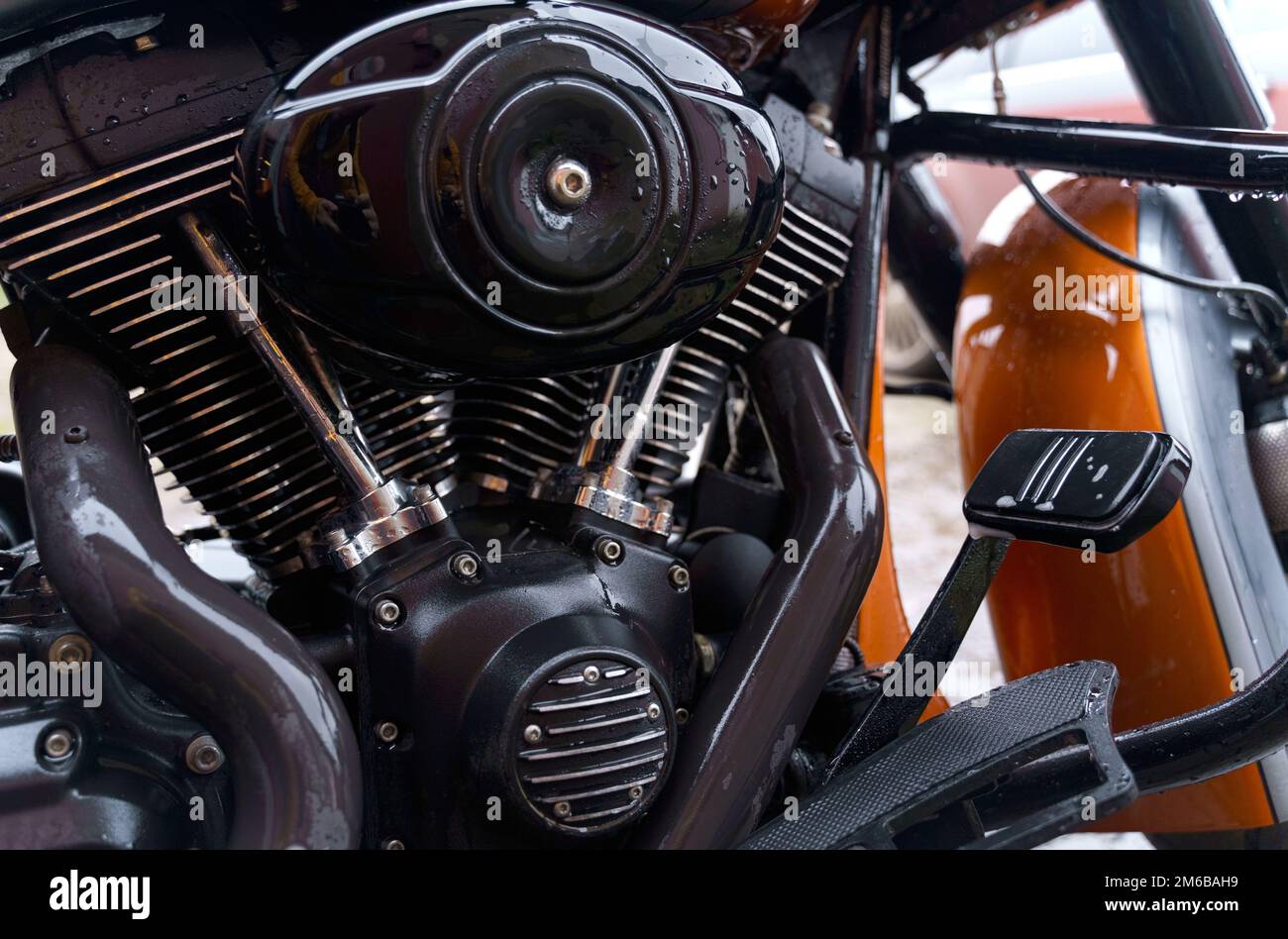 Shiny black motorcycle engine and gearbox block. Close-up Stock Photo ...