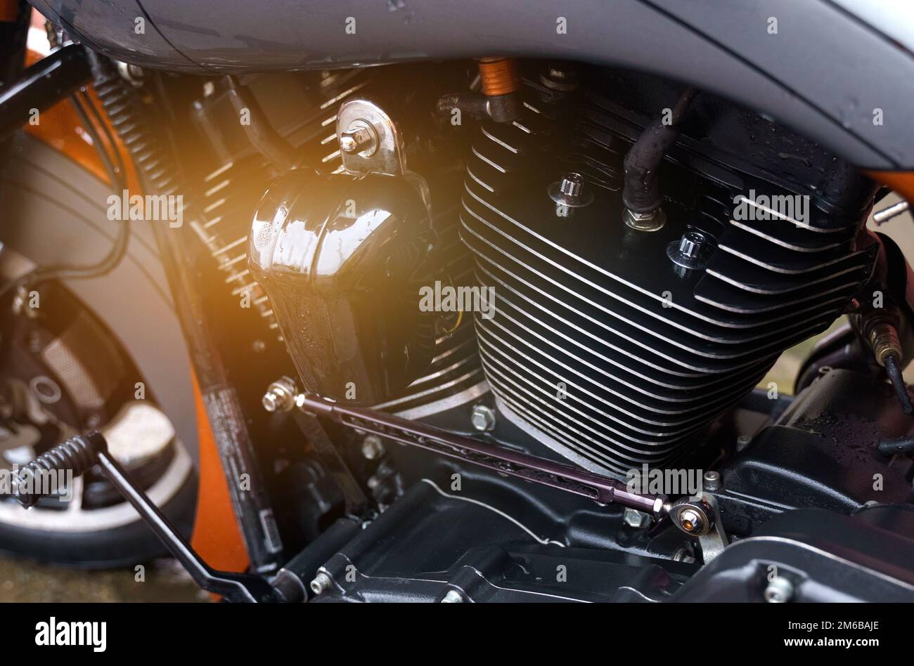 Shiny black motorcycle engine and gearbox block. Close-up Stock Photo ...