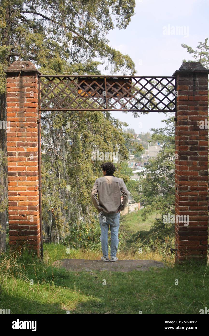 A curly man standing under the stone entrance Stock Photo - Alamy