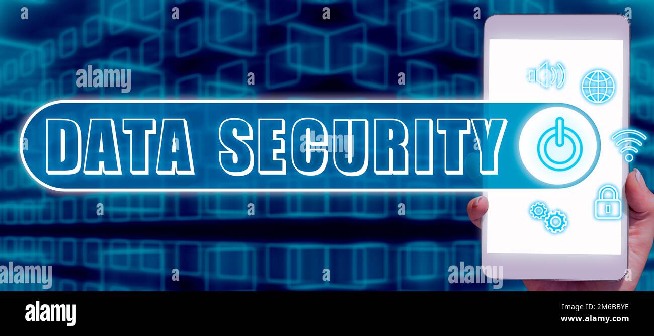 Text caption presenting Data Security. Concept meaning Confidentiality Disk Encryption Backups ...