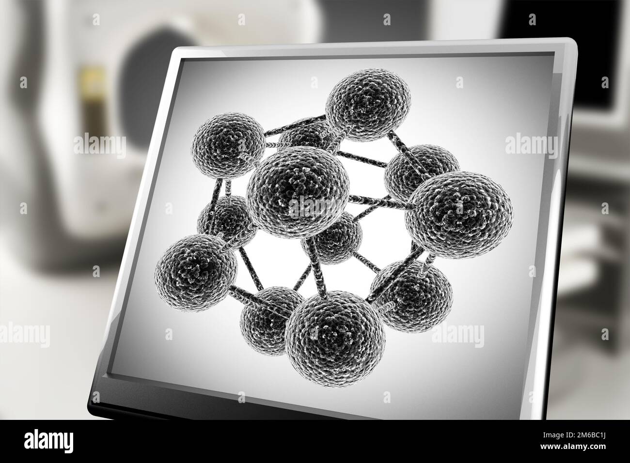 A single atom scientific illustration on monitor in laboratory Stock ...