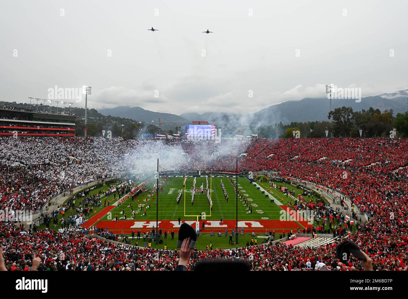 Two B-1B Lancer Bombers flyover the Rose Bowl Stadium before the Rose Bowl game between the Utah ...