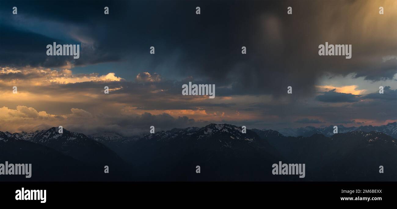 Sunset high in mountain. Greater Caucasus Mountain Range. Karachay ...