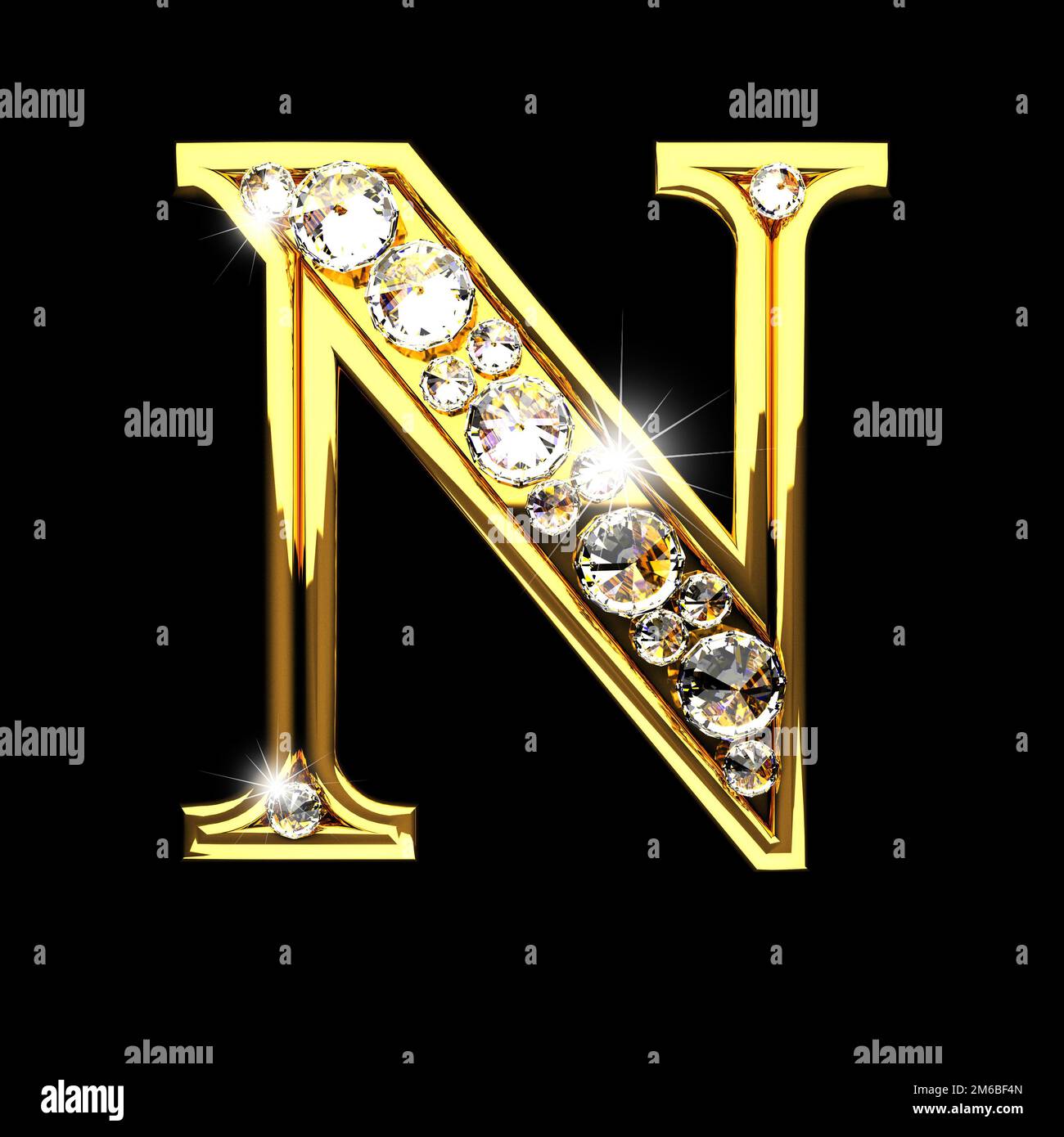 N isolated golden letters with diamonds on black Stock Photo - Alamy