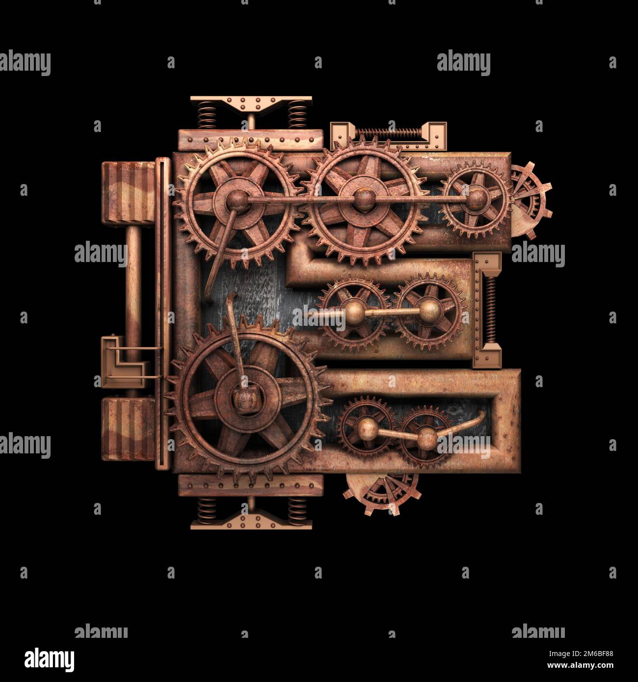 E isolated rusted letter with gears on black Stock Photo - Alamy