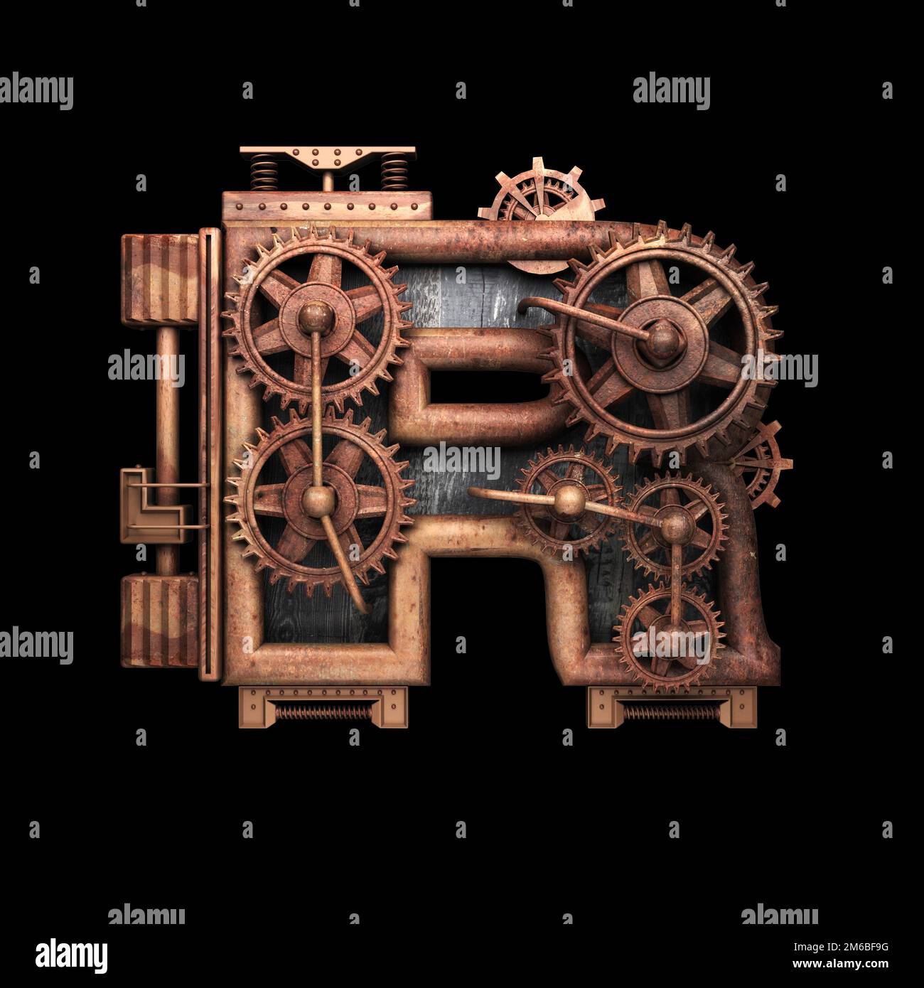 R isolated rusted letter with gears on black Stock Photo - Alamy