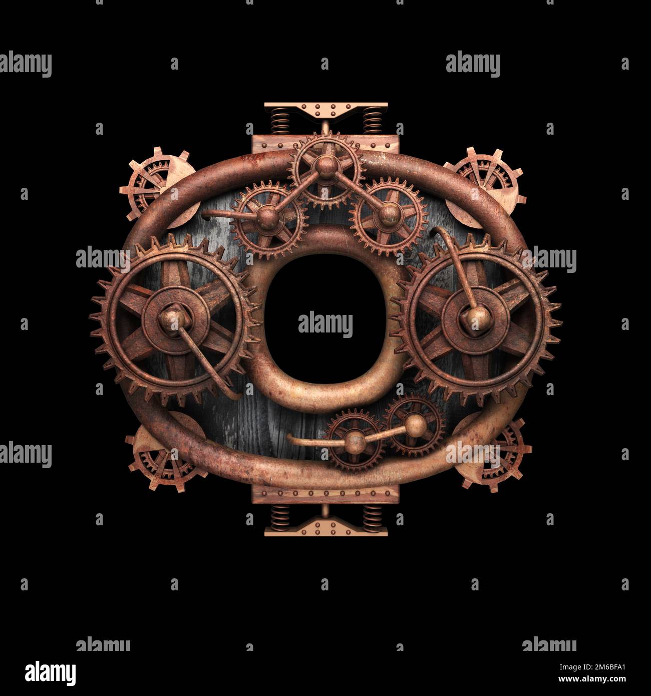 O isolated rusted letter with gears on black Stock Photo - Alamy