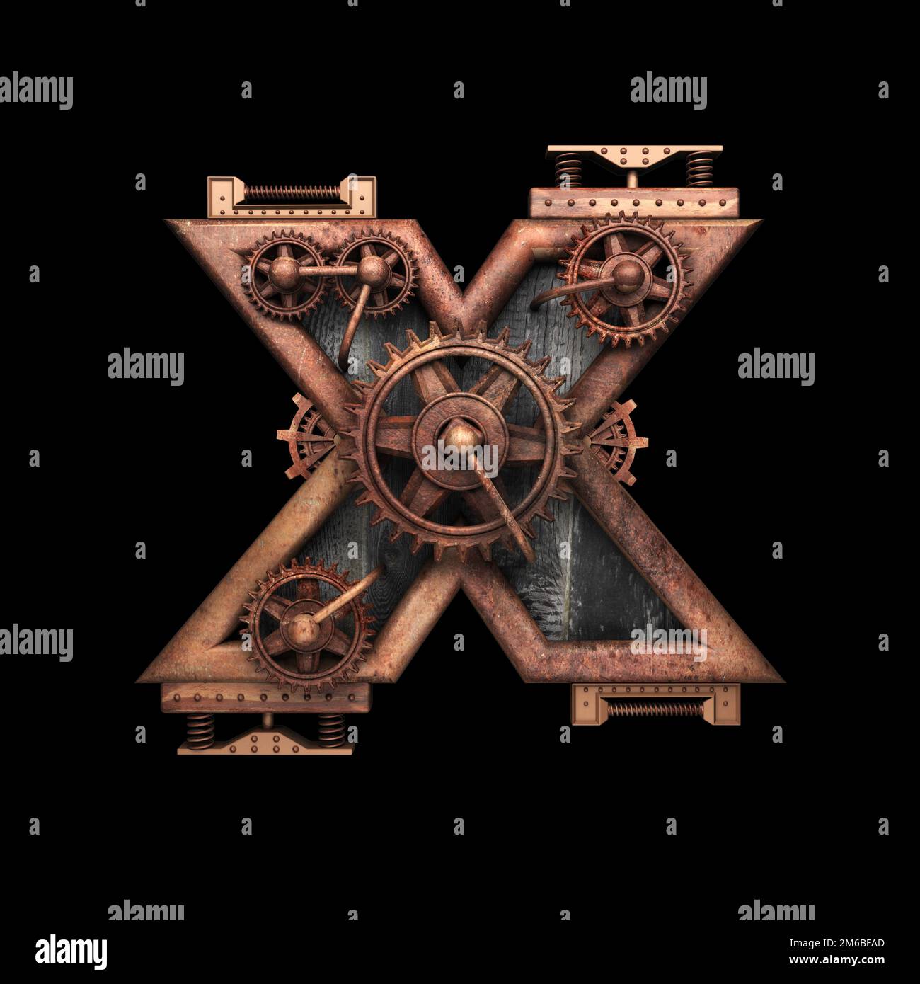 X isolated rusted letter with gears on black Stock Photo - Alamy