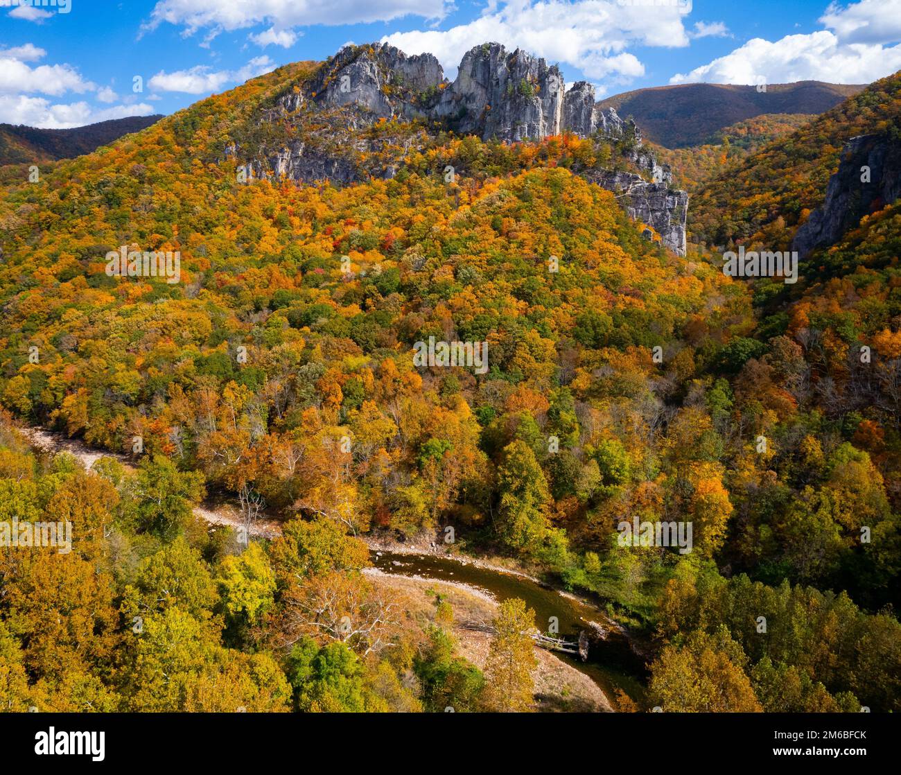 An aerial shot of Seneca Rocks in West Virginia with fall foliage Stock ...