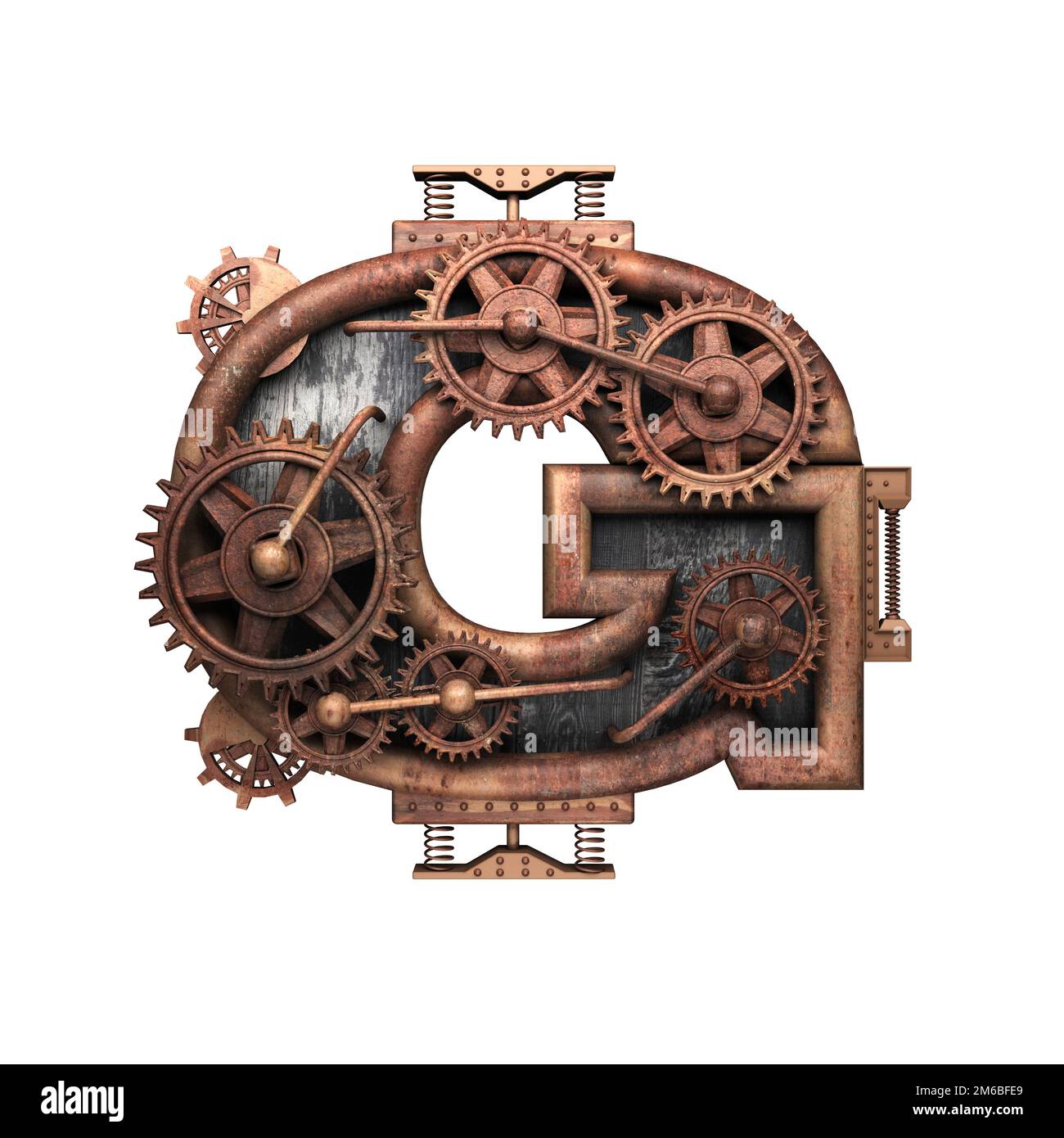 G isolated rusted letter with gears on white Stock Photo - Alamy