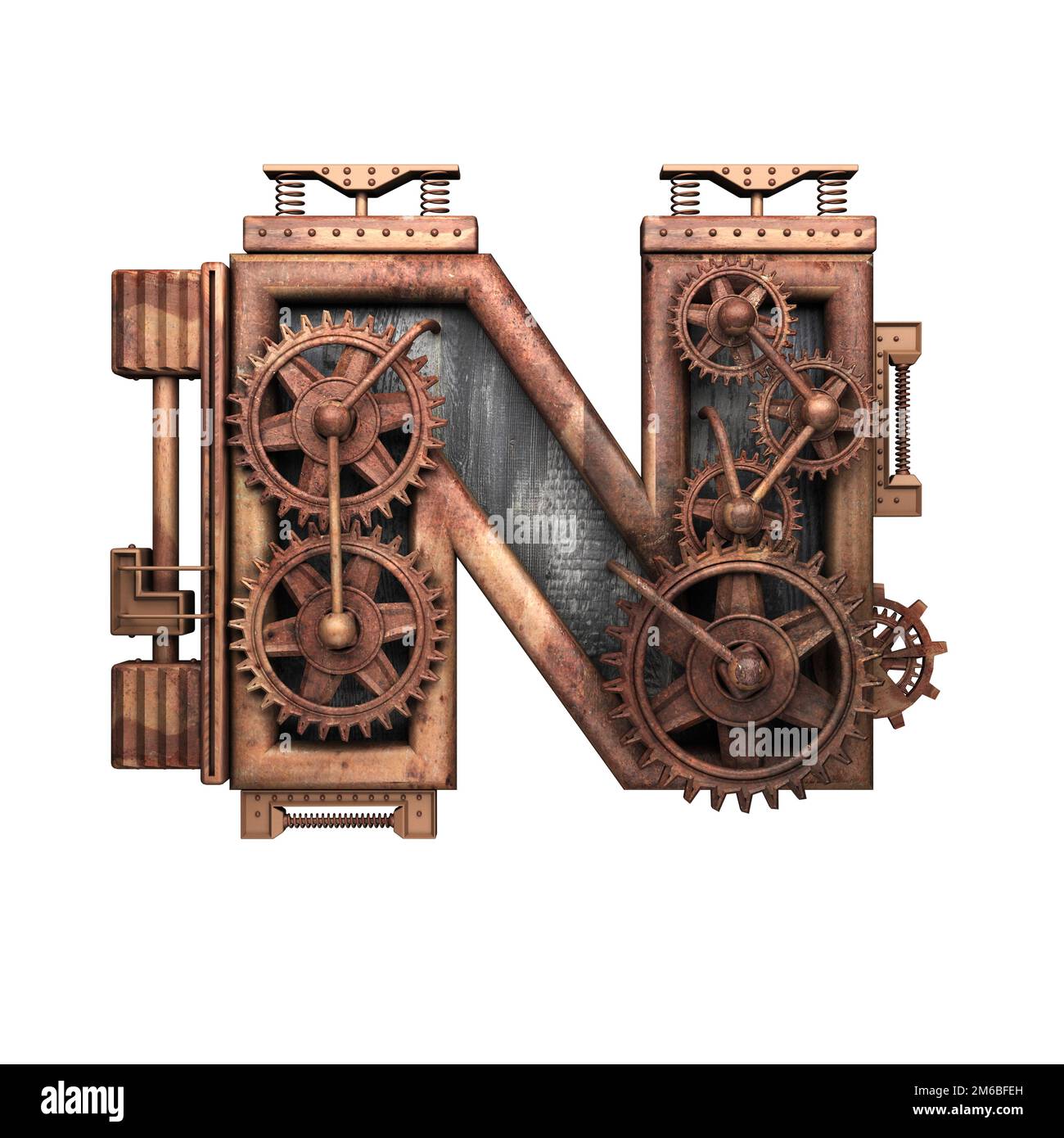 N isolated rusted letter with gears on white Stock Photo - Alamy