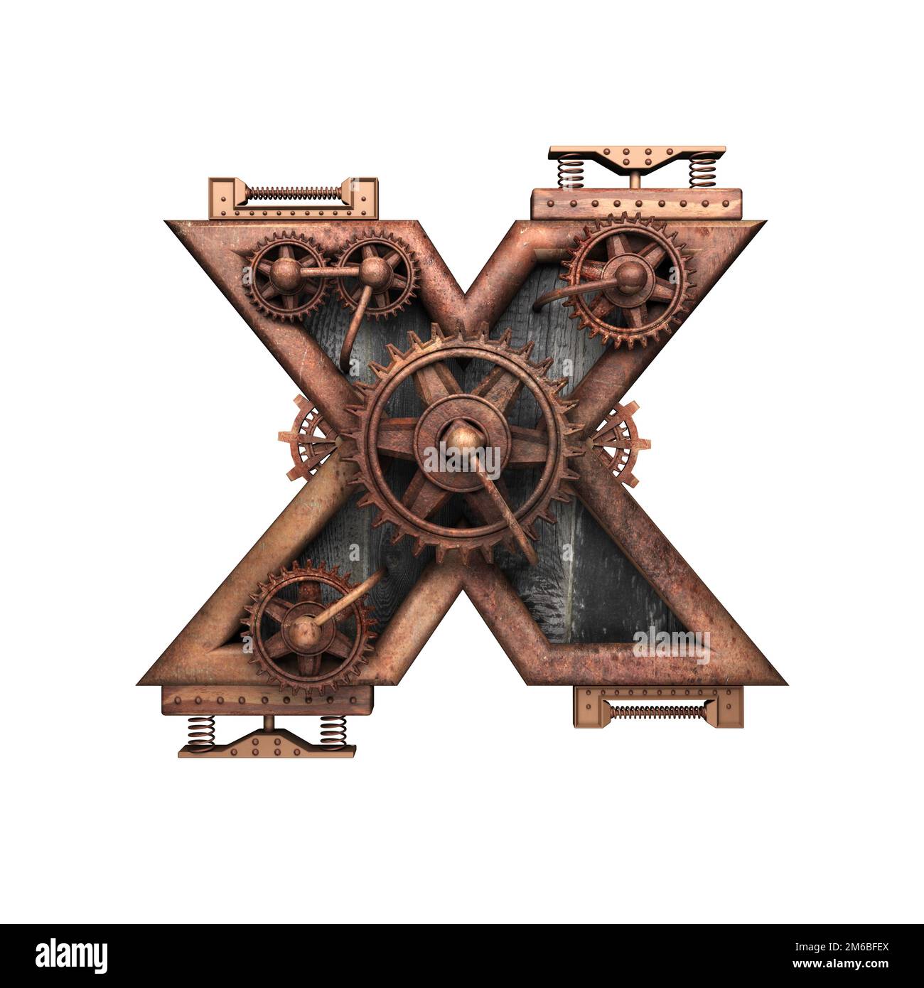 X isolated rusted letter with gears on white Stock Photo - Alamy