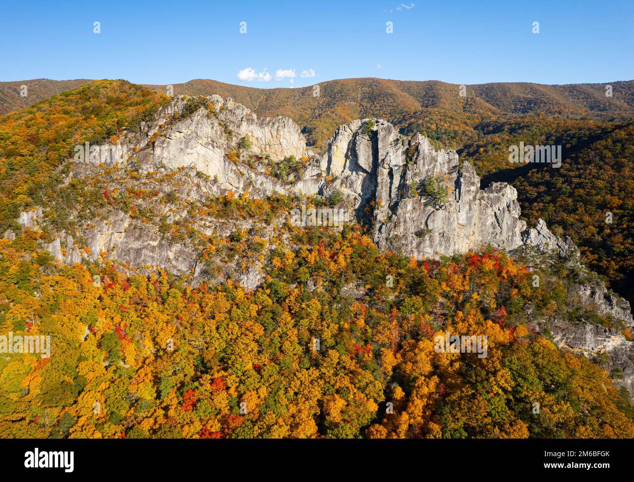 An aerial shot of Seneca Rocks in West Virginia with fall foliage Stock ...