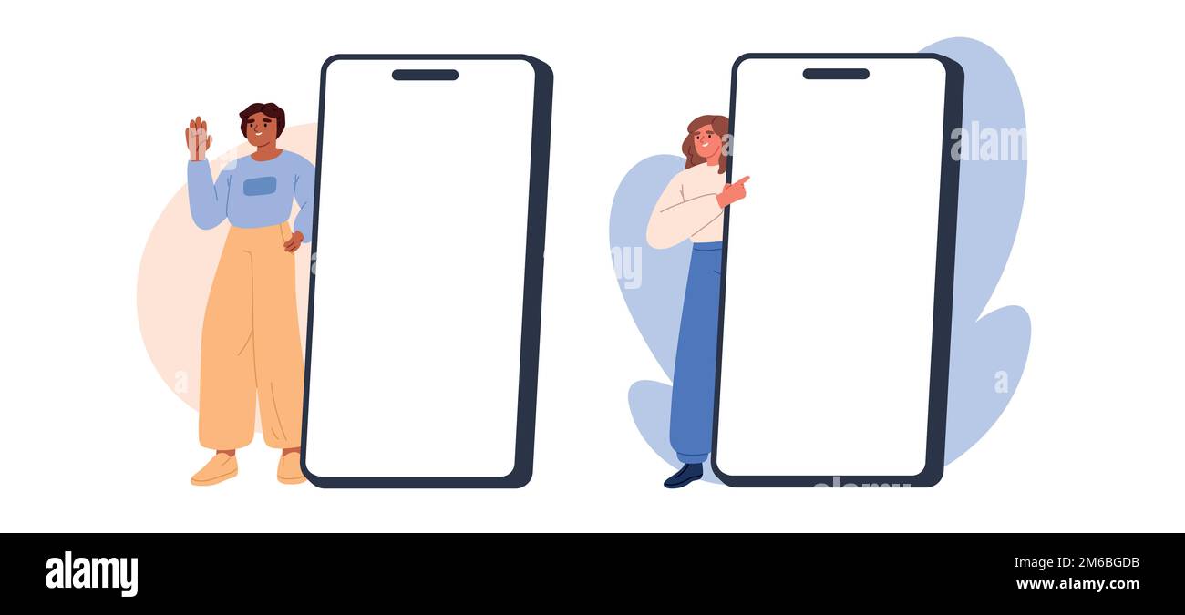 Connection concept. Man and woman use phone. Happy people holding ...
