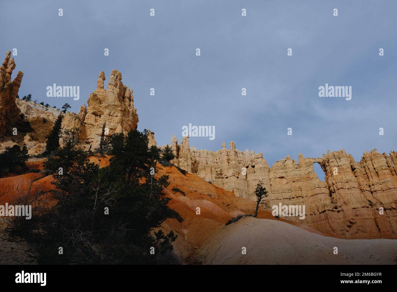 The stone formation and trees under cloudy sky in Bryce Canyon National ...