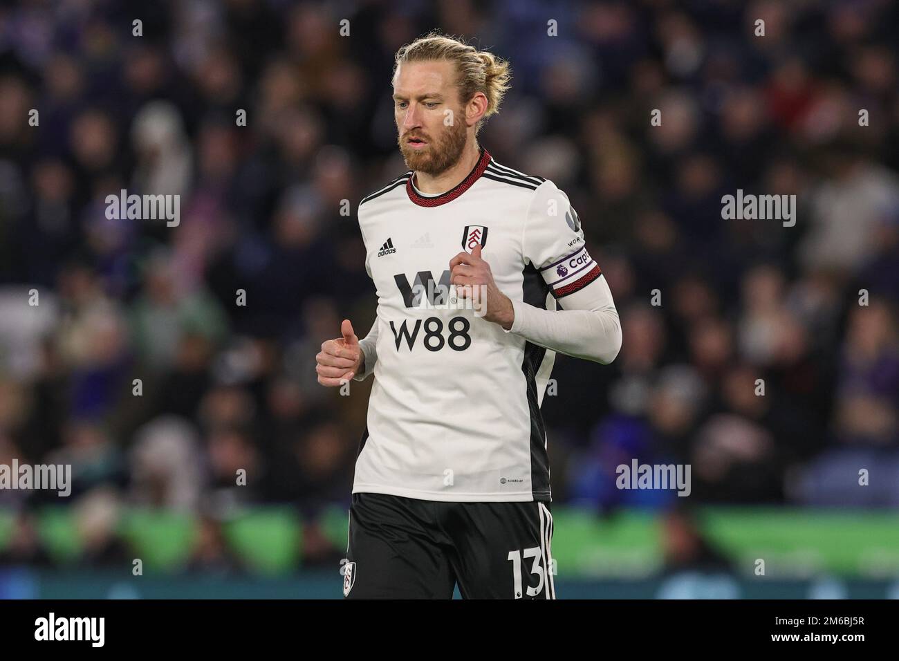 Tim Ream #13 of Fulham during the Premier League match Leicester City ...