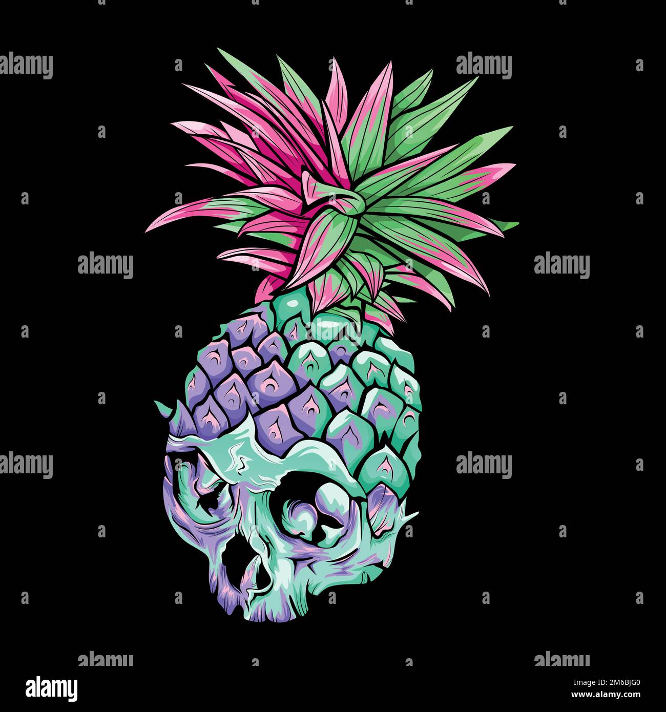 Psychedelic vector skull pineapple. Exotic tropical fruit. Sketch,print. Pop art. Perfect for ...
