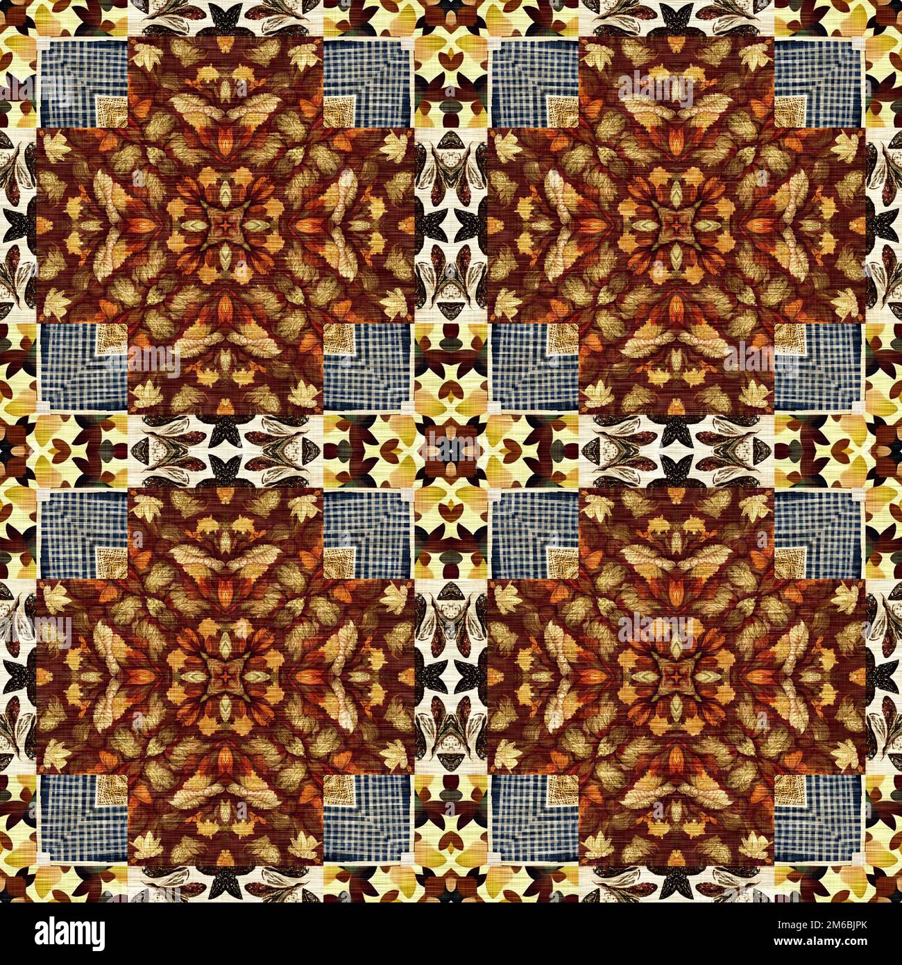 Autumn leaf quilt style vintage seamless pattern. Homely cottage core ...