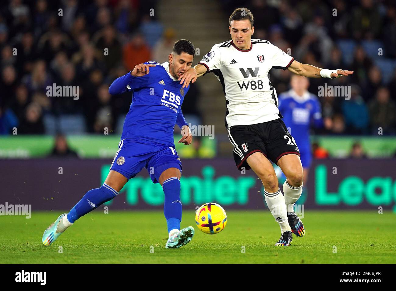 Leicester City's Ayoze Perez (left) and Fulham's Joao Palhinha battle ...