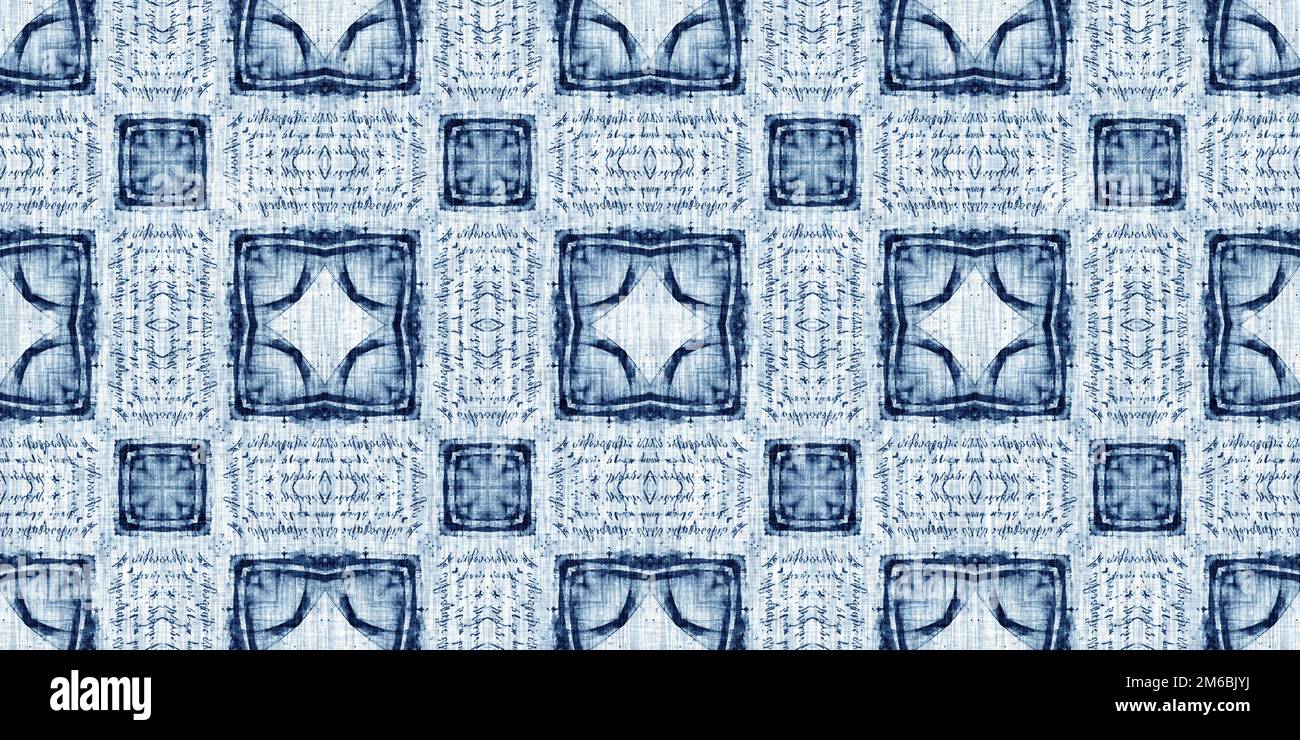 Indigo dye wash coastal damask seamless border pattern. Washed out ...