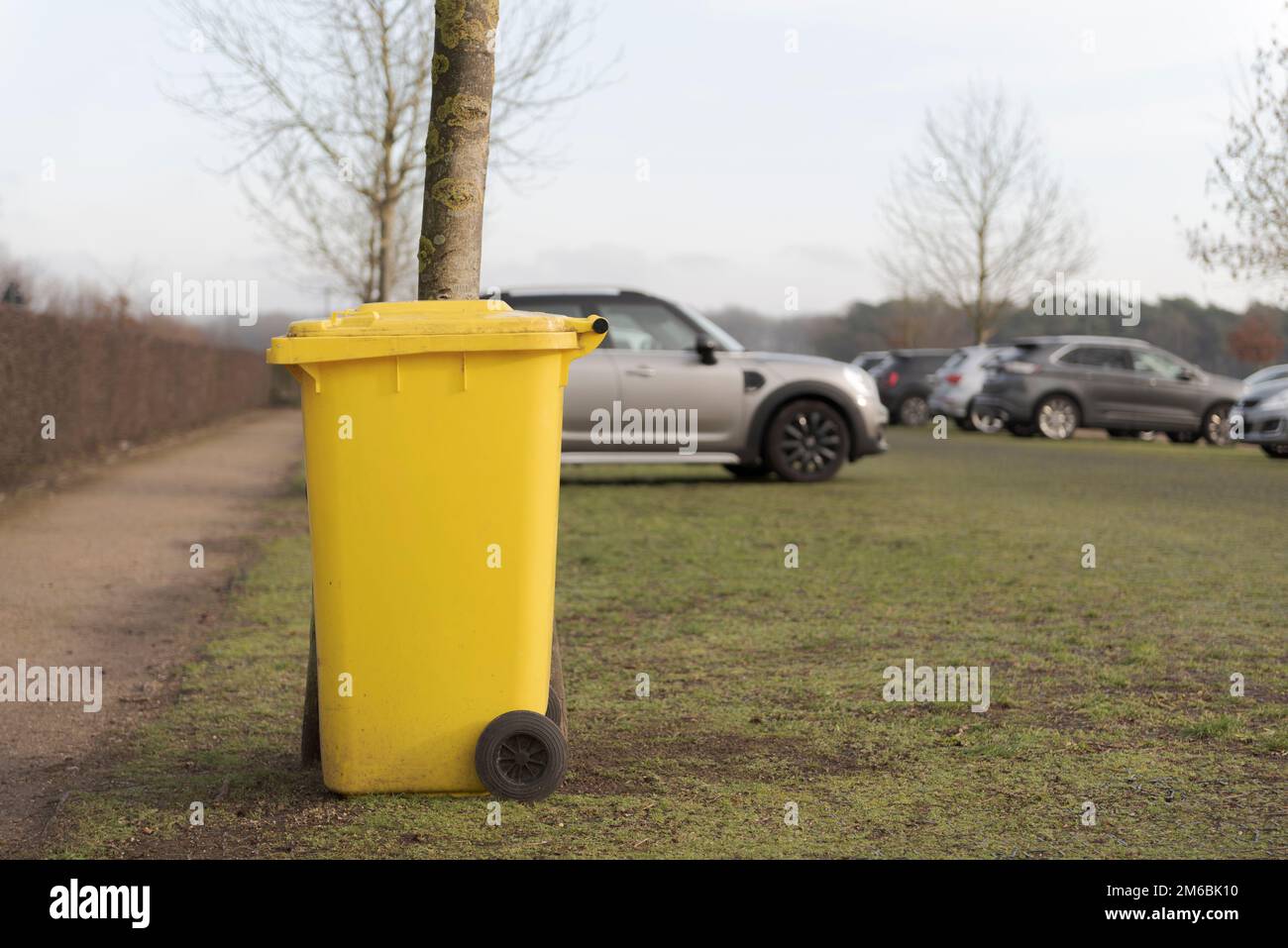 Yellow trash can in the car park Stock Photo - Alamy