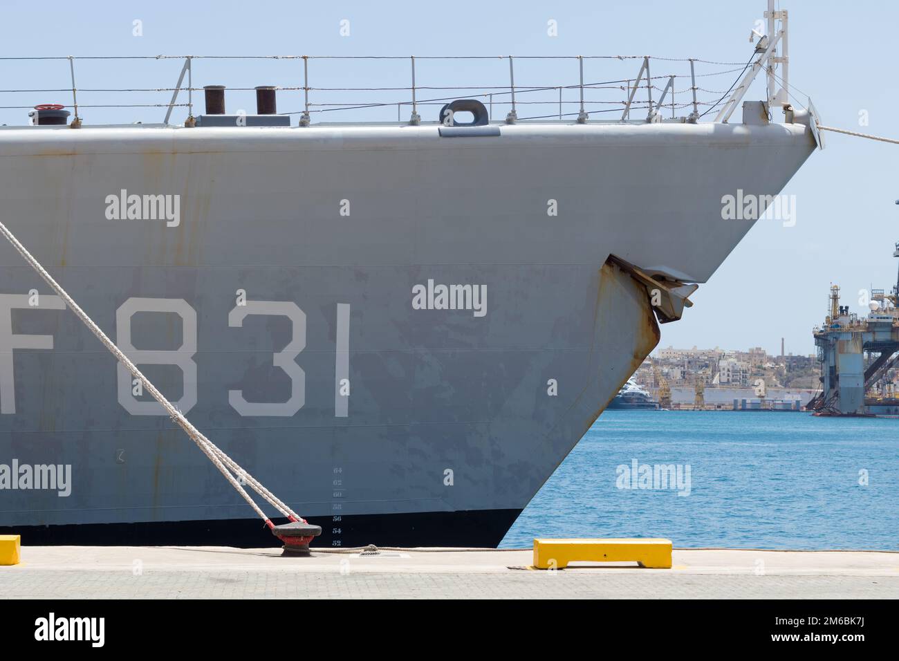 Prow of gray Battleship frigate docked in the grand harbor Stock Photo ...