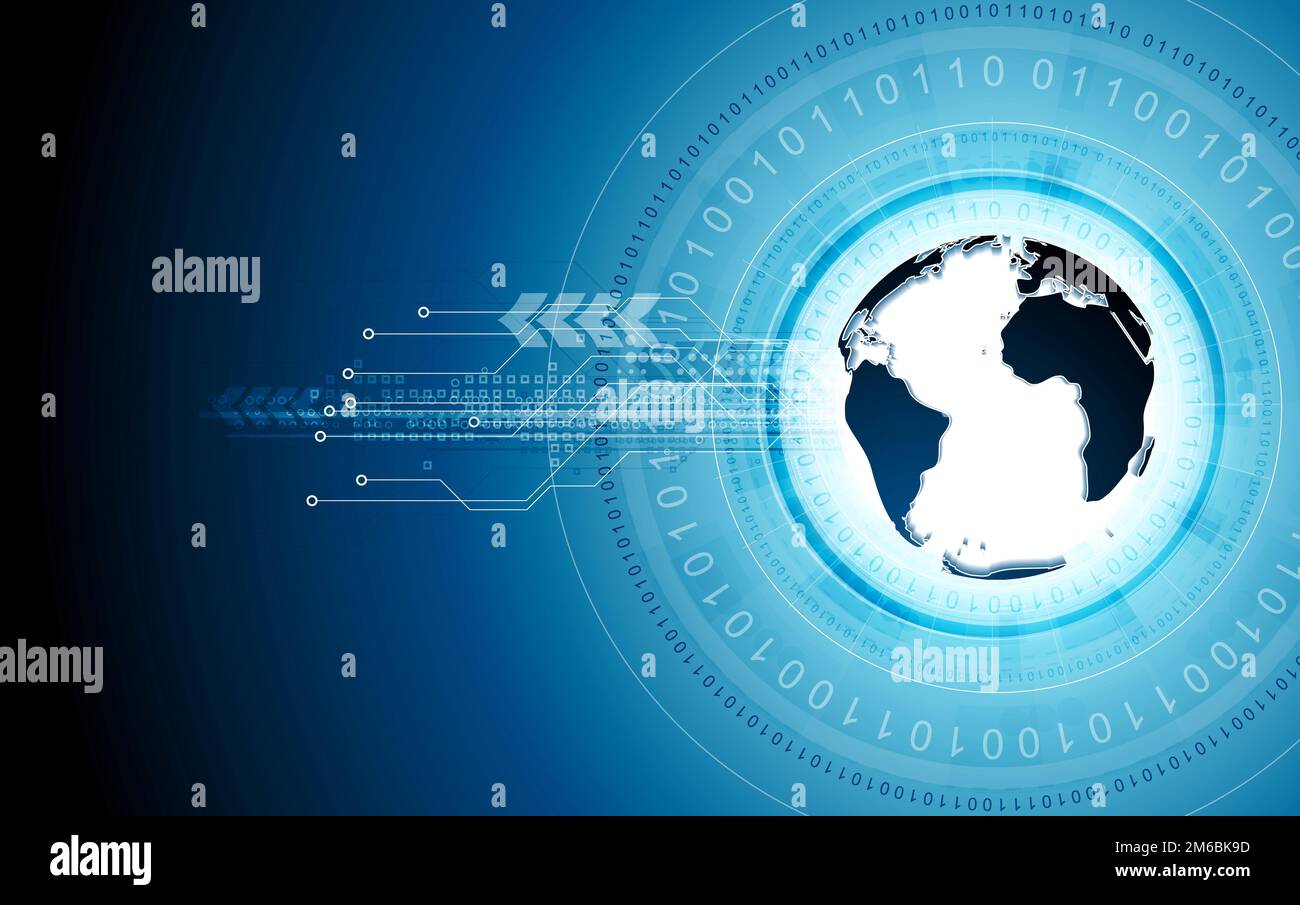 Blue tech background with globe and binary code Stock Photo - Alamy