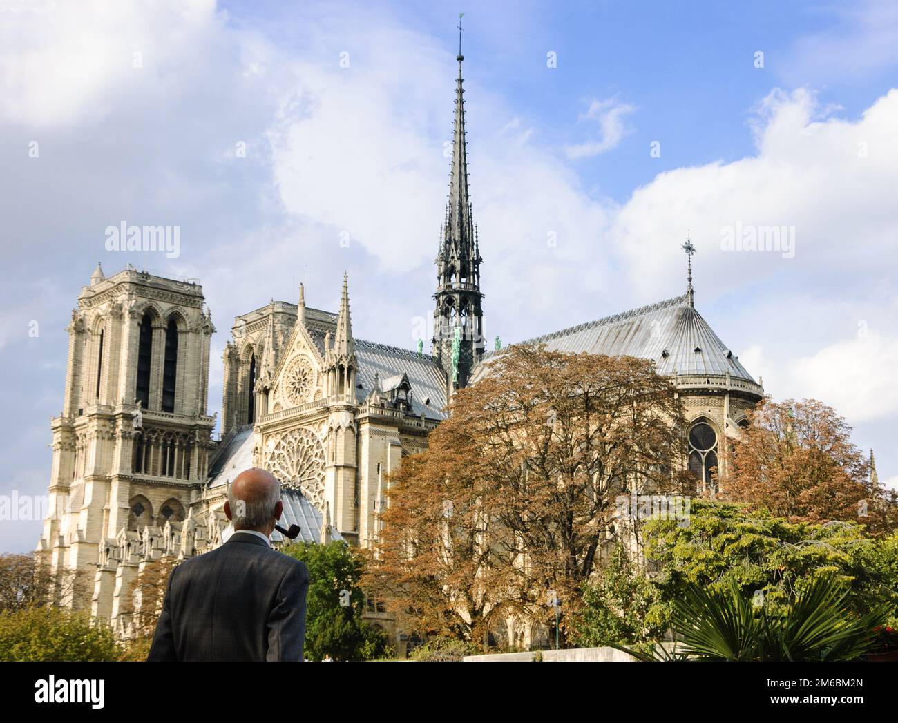 Old gentleman (unrecognizable; back view) with pipe looking on Notre ...