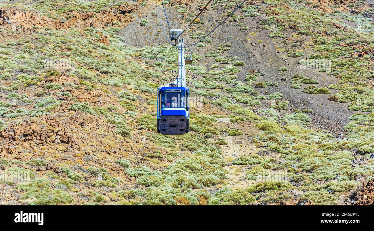 Lift Cab picks up tourists at the volcano Teide on island Tenerife ...